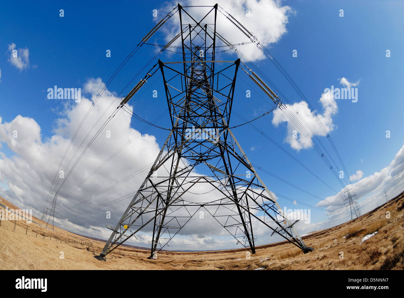 Electricity pylons crossing an upland moor near the Lancashire ...
