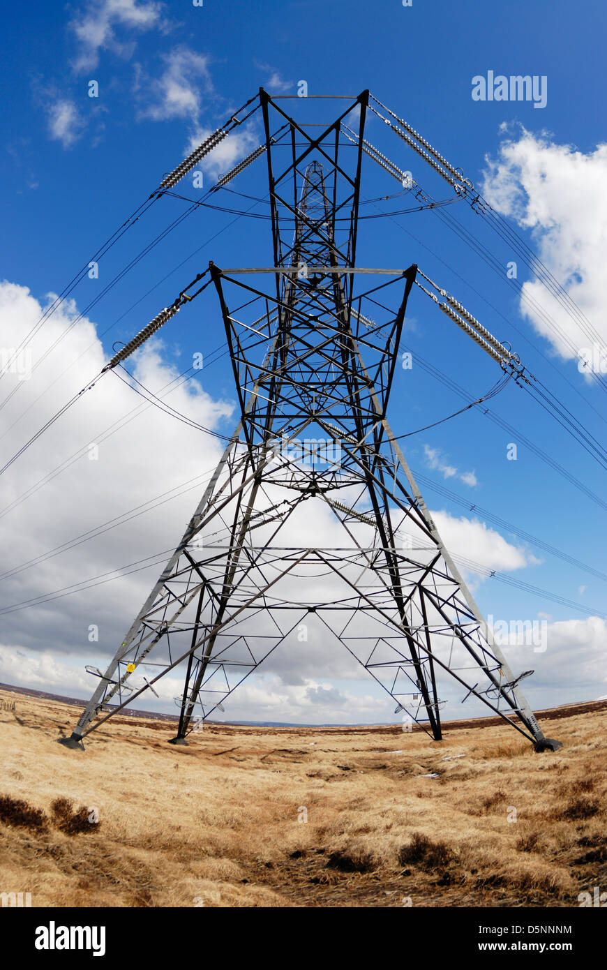 Electricity pylons crossing an upland moor near the Lancashire ...