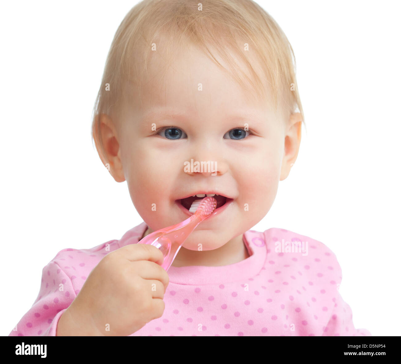 baby cleaning teeth and smiling, isolated on white background Stock ...