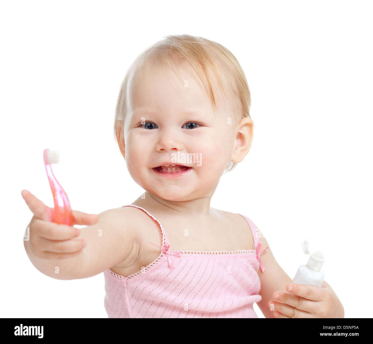baby cleaning teeth and smiling, isolated on white background Stock ...