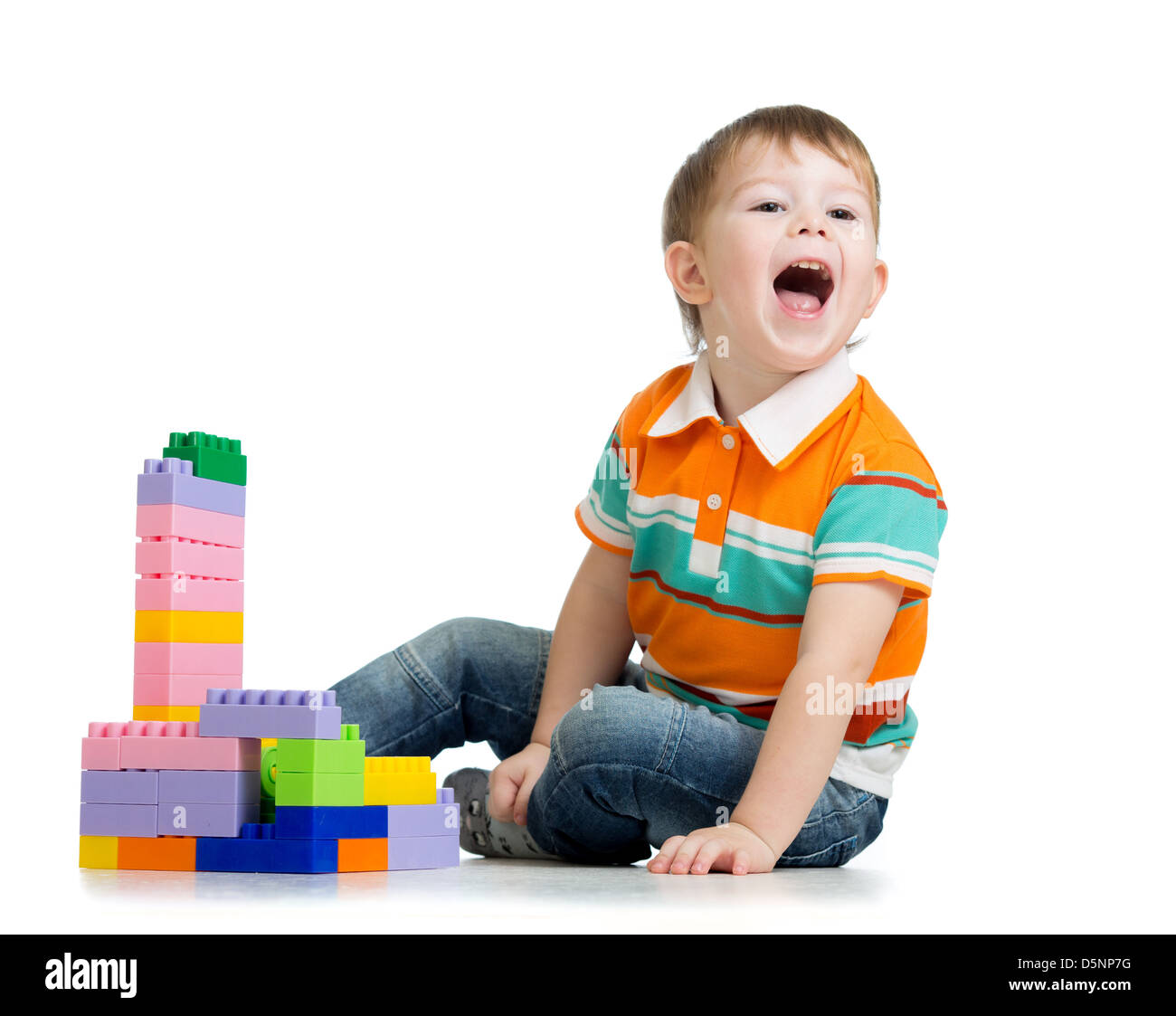 kid boy playing with construction set over white background Stock Photo ...