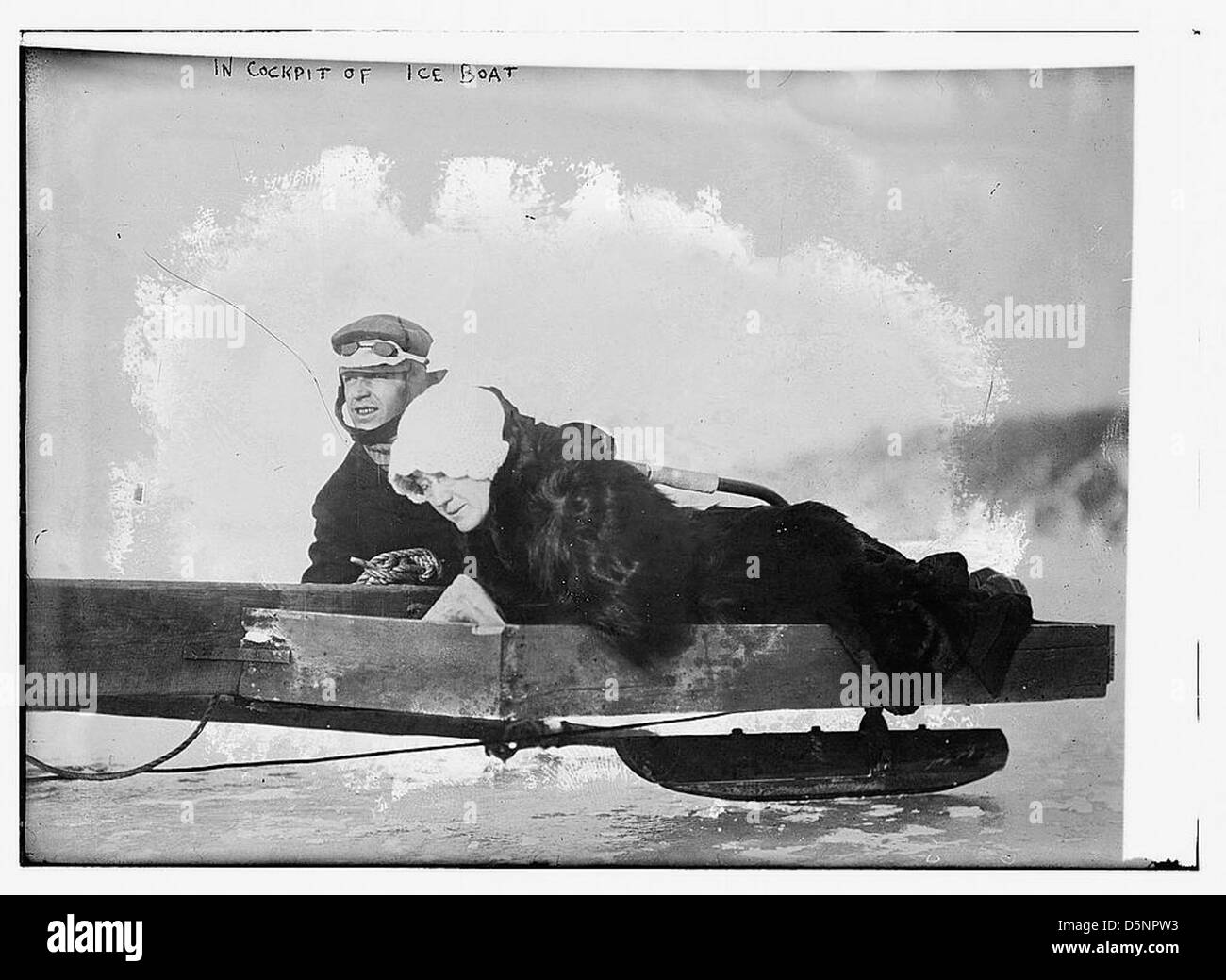 This image captures a view from the cockpit of an ice boat, a type of ...