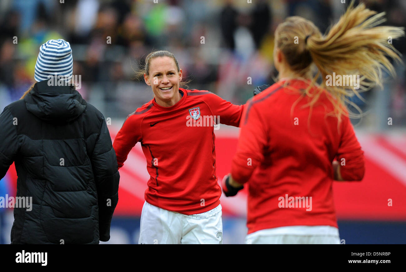 USA's Christie Rampone (C) smiles before the women's international ...
