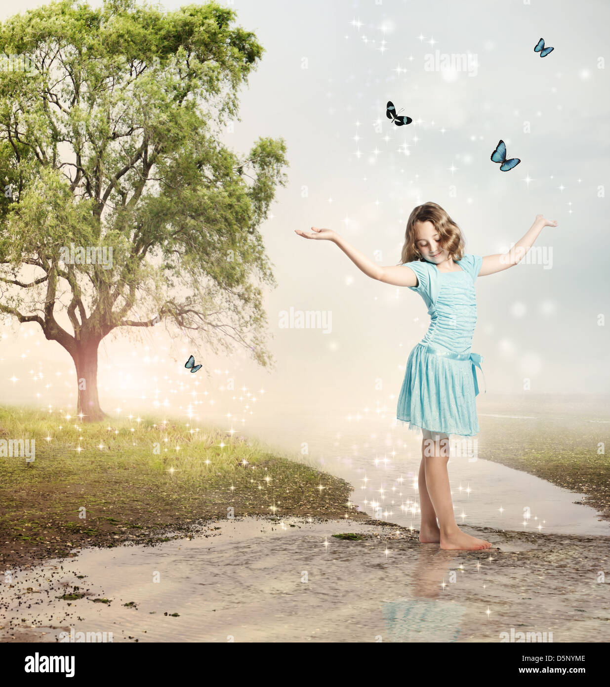 Happy Girl with Blue Butterflies at a Magical Brook Stock Photo - Alamy