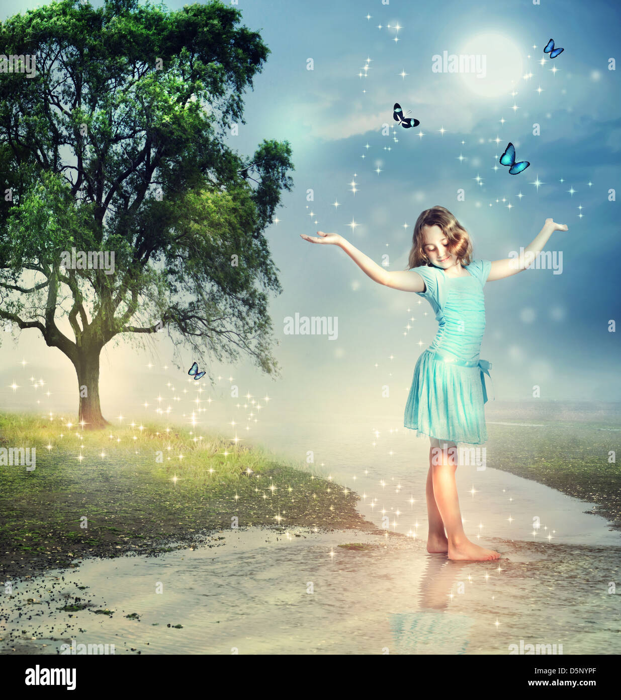 Happy Girl with Blue Butterflies at a Magical Brook Stock Photo - Alamy