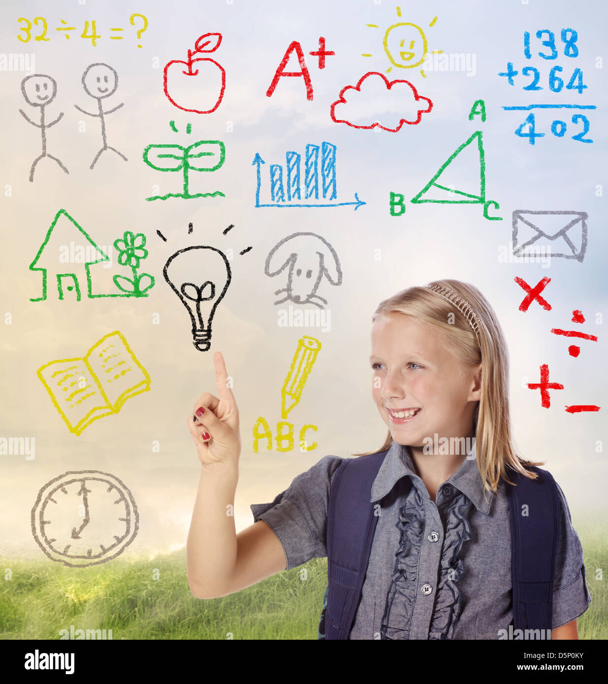 Young blond school girl with hand written school themed texts and ...