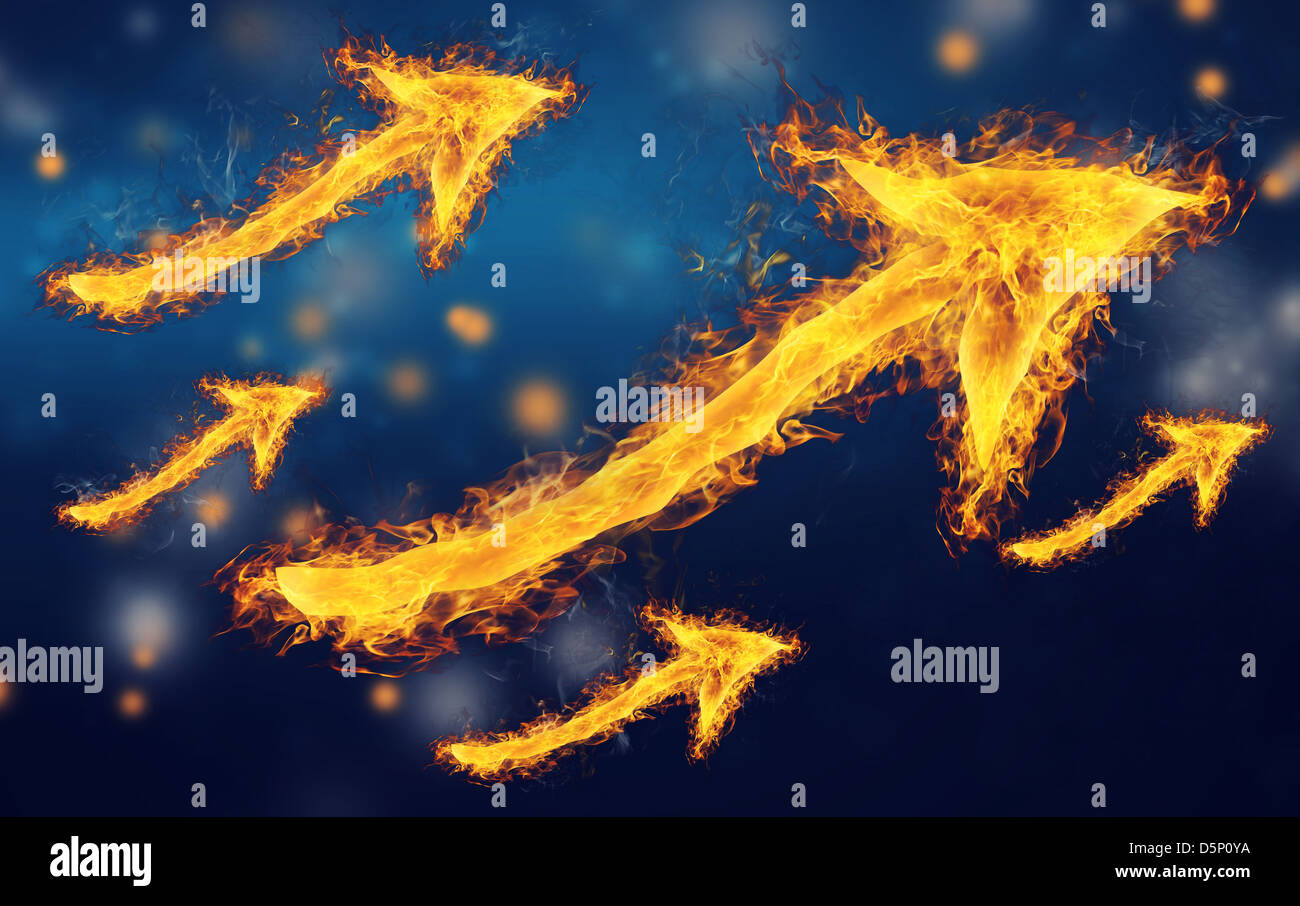 Flaming rising arrows on dark blue background Stock Photo - Alamy