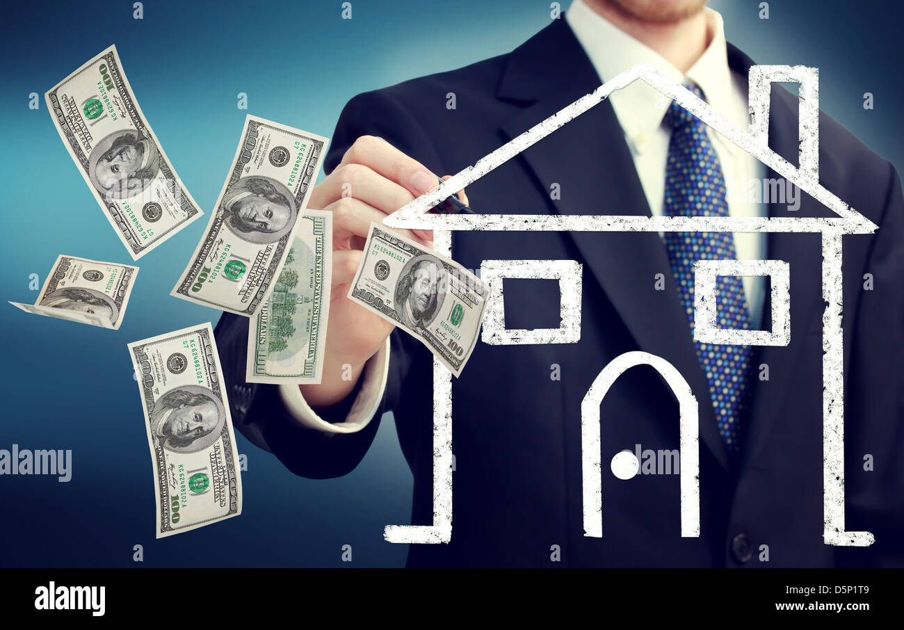Business man drawing house illustration flying hundred dollar bills hi ...
