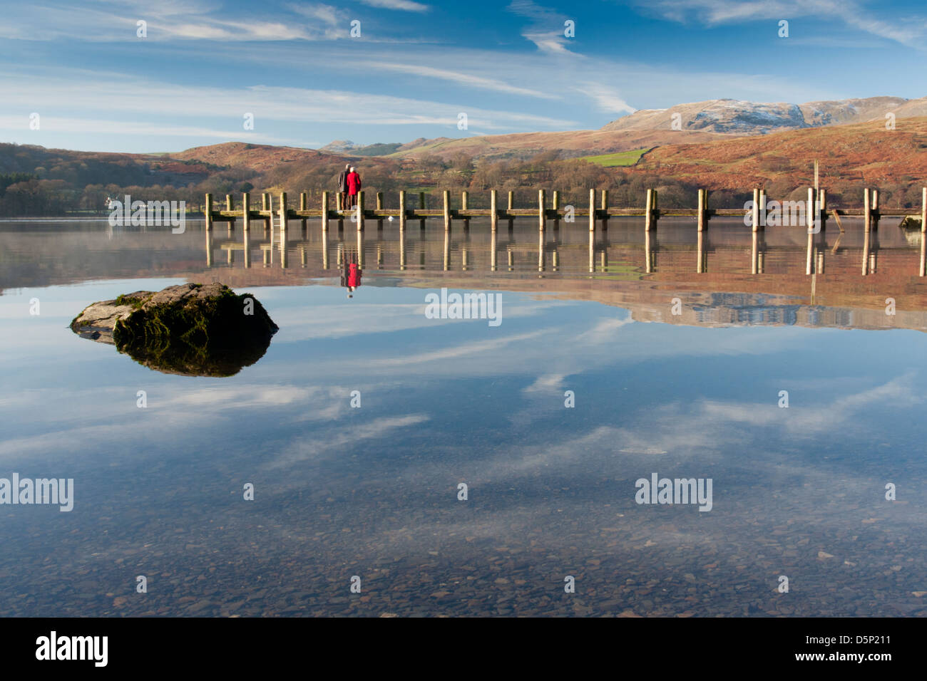 A couple stand admiring the view from a jetty extending over Coniston ...
