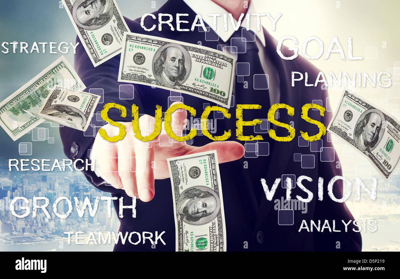 Business man with success theme with hundred dollar bills on big city ...