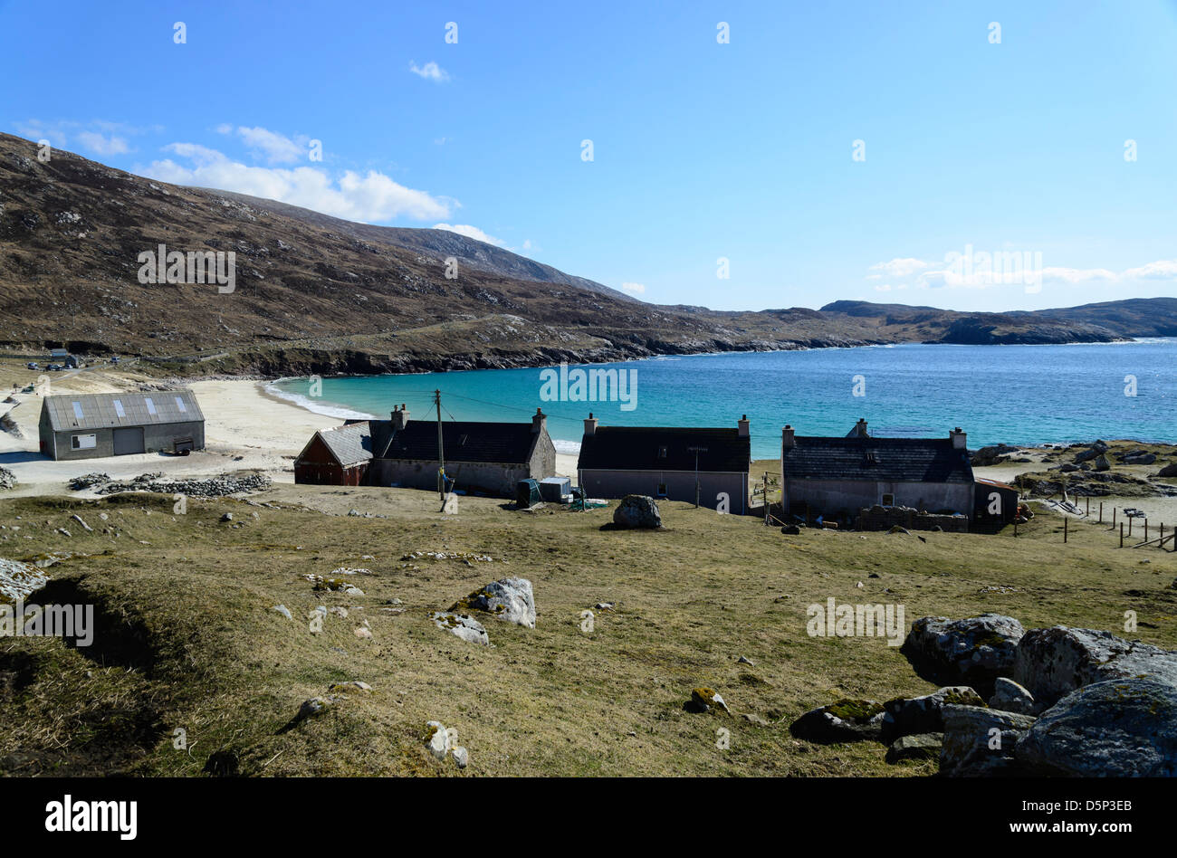 Houses beside the beach at Hushinish on the Isle of Harris in the Outer ...