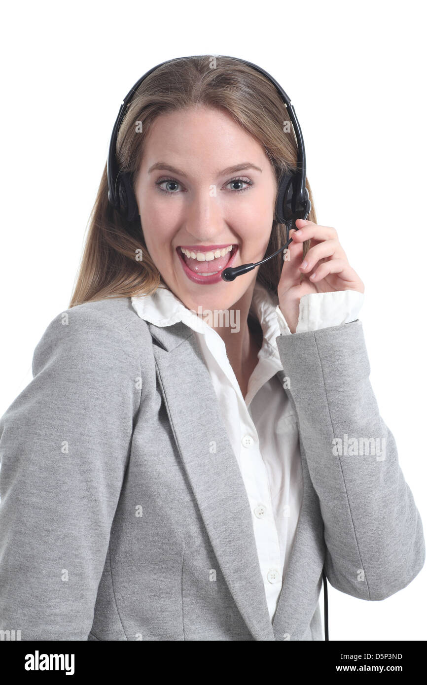 Beautiful and happy phone operator woman isolated on a white background ...