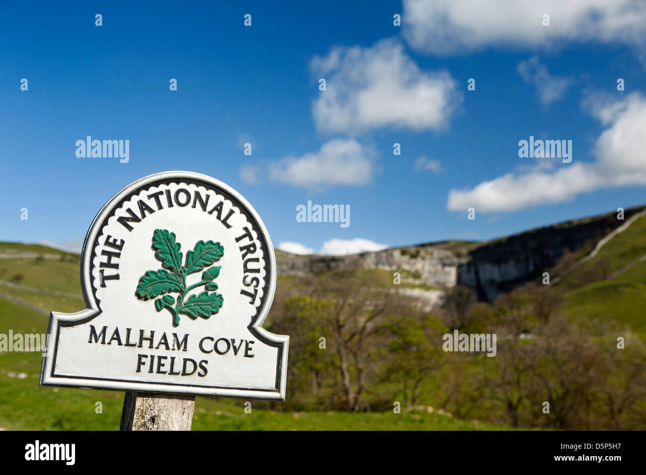 UK, England, Yorkshire, Malham, National Trust Malham Cove Fields sign ...