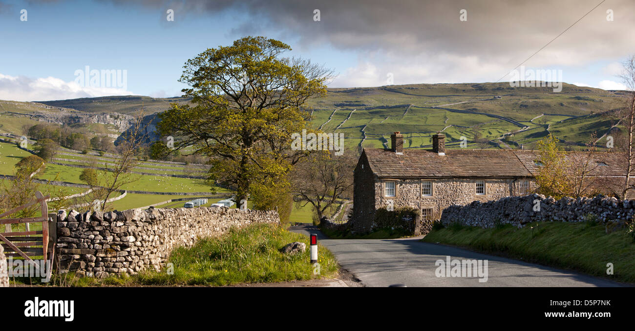 UK, England, Yorkshire, Malham, Farm at village entrance, panoramic ...