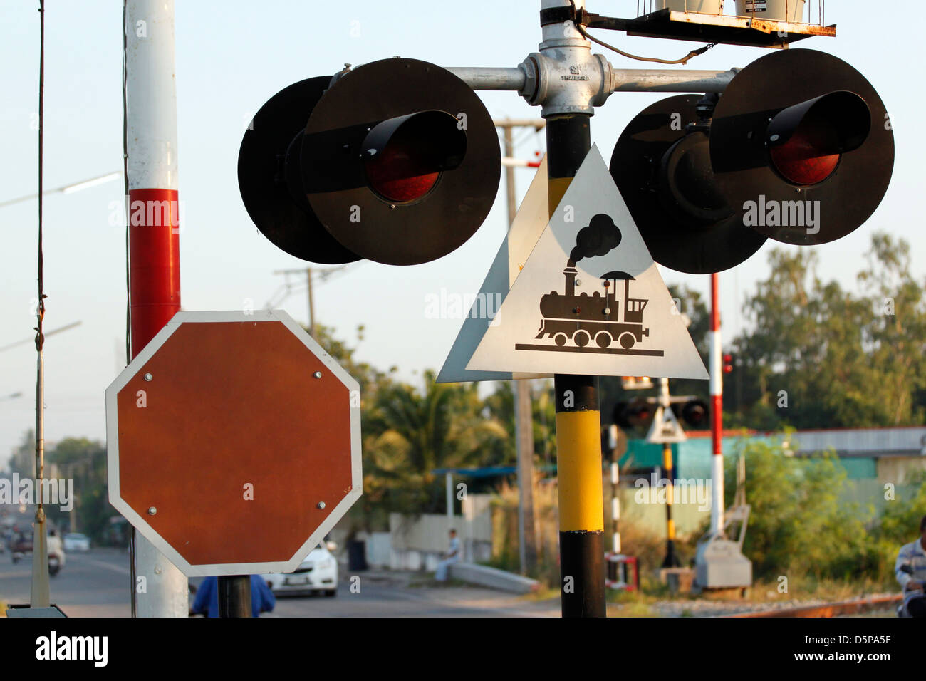 Aware Stop the warning signs of Train Stock Photo - Alamy
