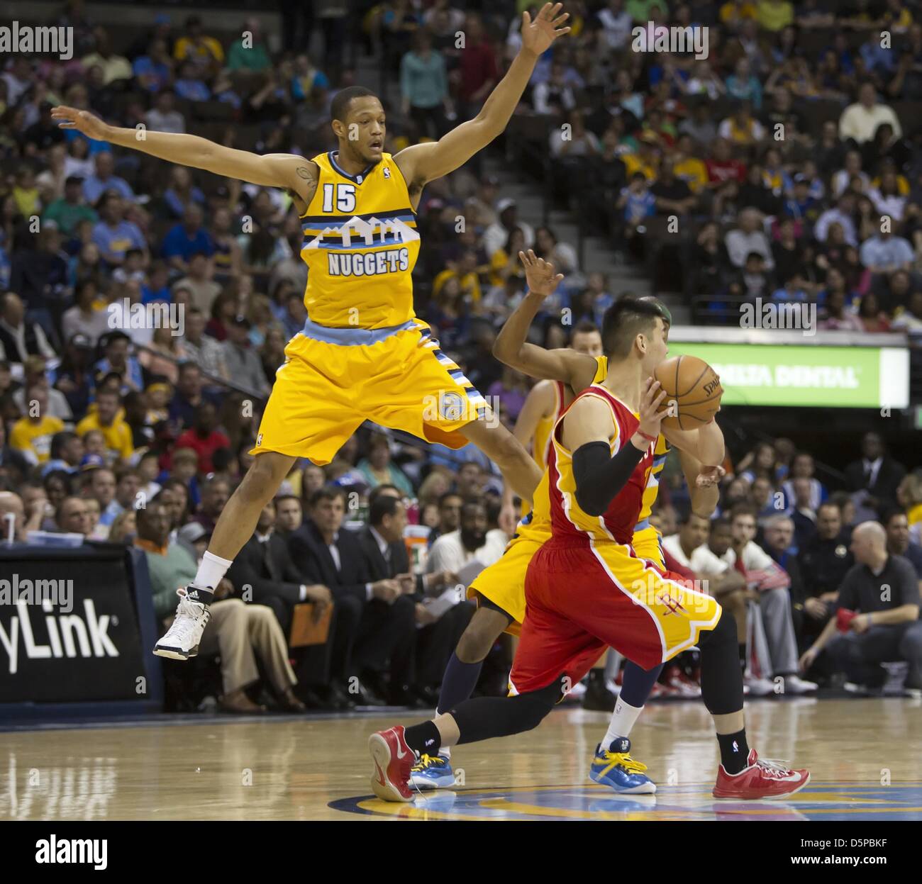 Denver, Colorado, USA. 5th April, 2013. Nuggets ANTHONY RANDOLPH, left ...