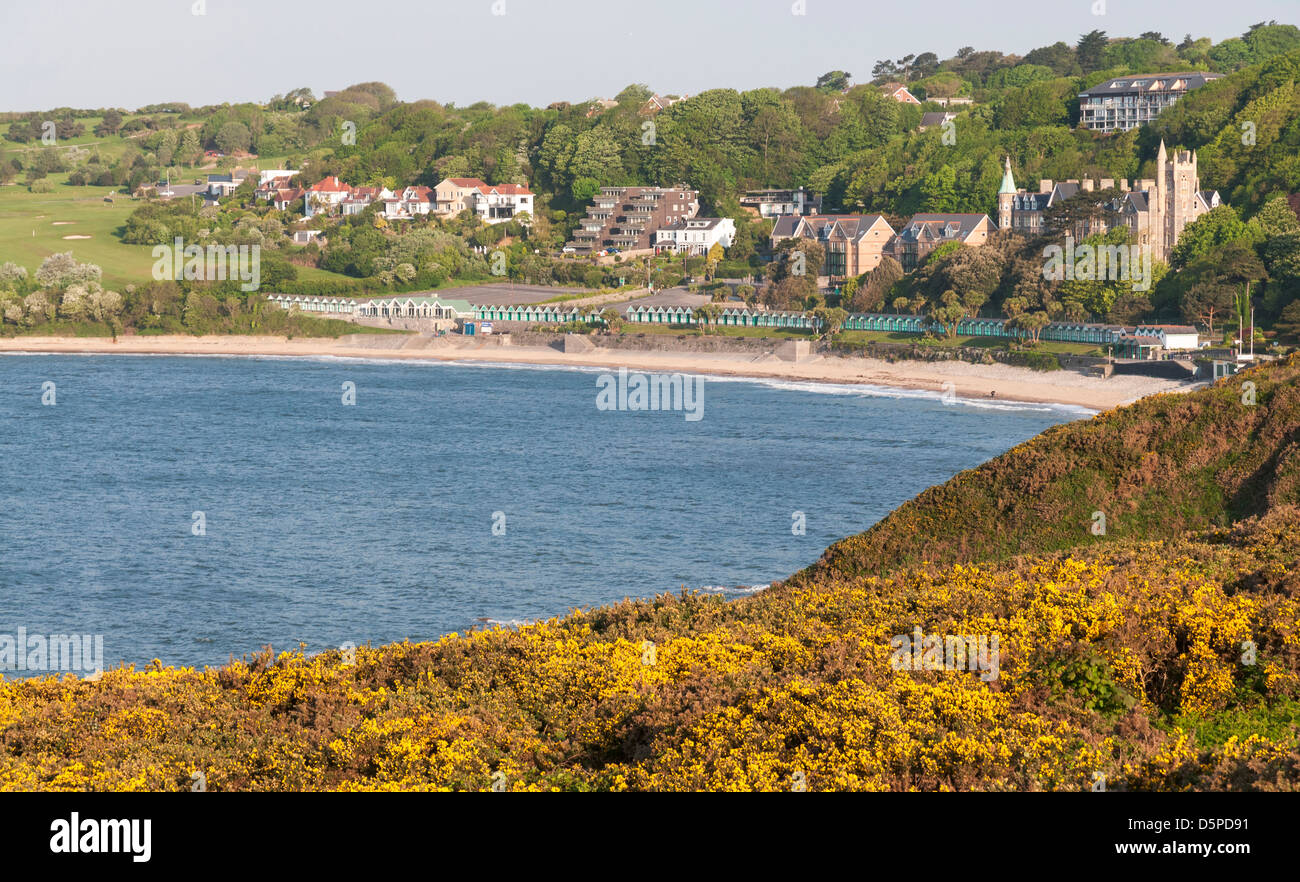 Wales, Gower Peninsula, view of Langland Bay from coastal footpath ...