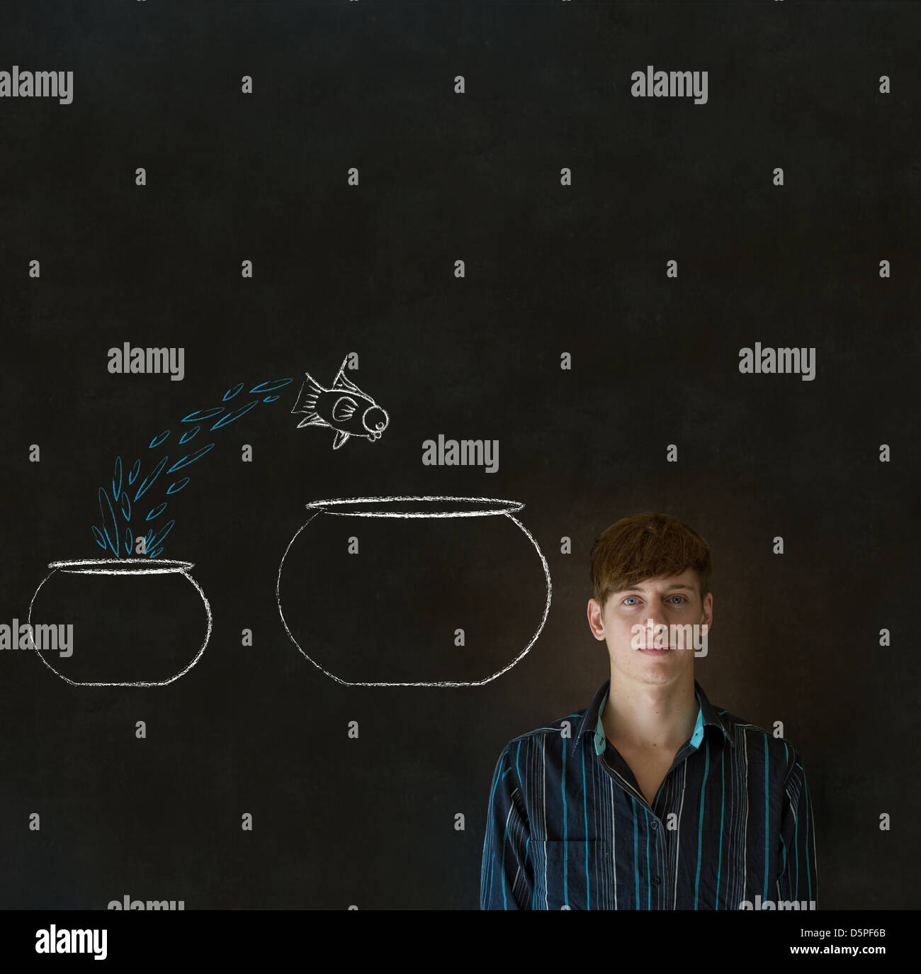 Business man, student or teacher with fish jumping from small bowl to ...