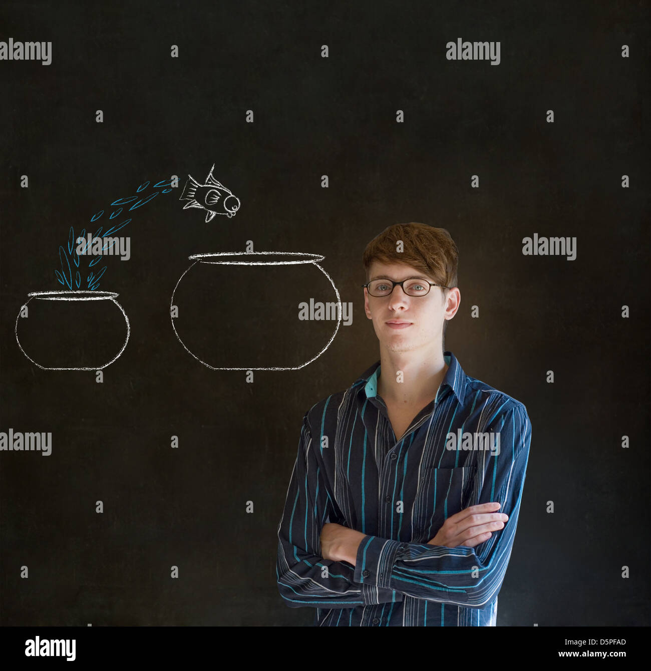 Business man, student or teacher with fish jumping from small bowl to ...