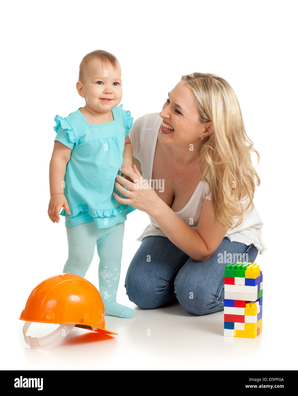 little girl and mother with construction set and hard Stock Photo - Alamy