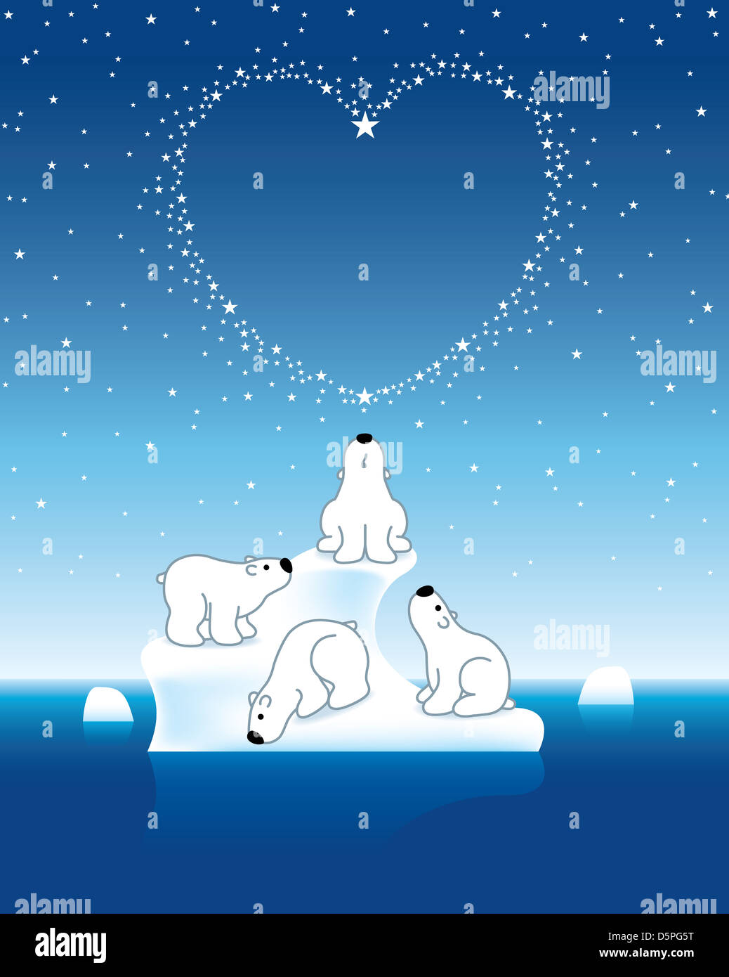 Four Arctic Polar Bears on Iceberg under a Heart Shaped Starry Blue Sky ...