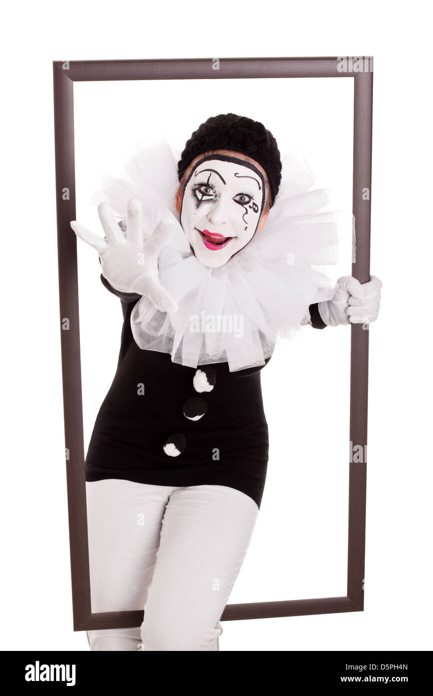 female pierrot in a frame is reaching hand to viewer Stock Photo - Alamy