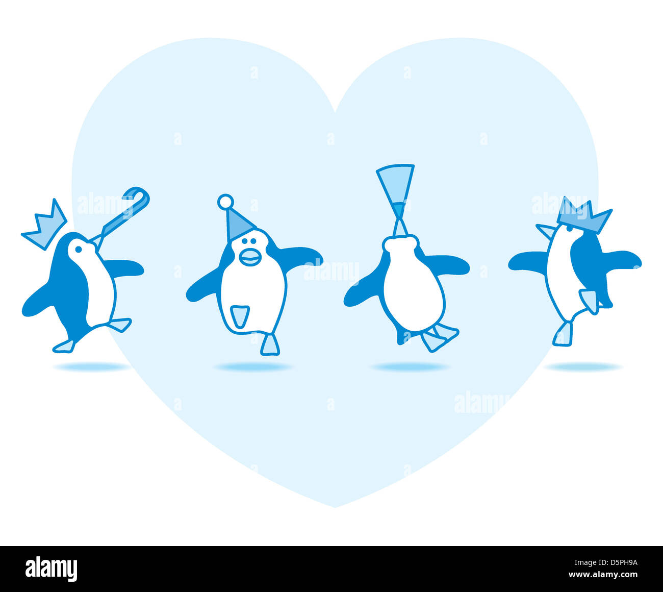 Four Happy Blue Penguins Dancing at a Party with Blue Heart on White ...