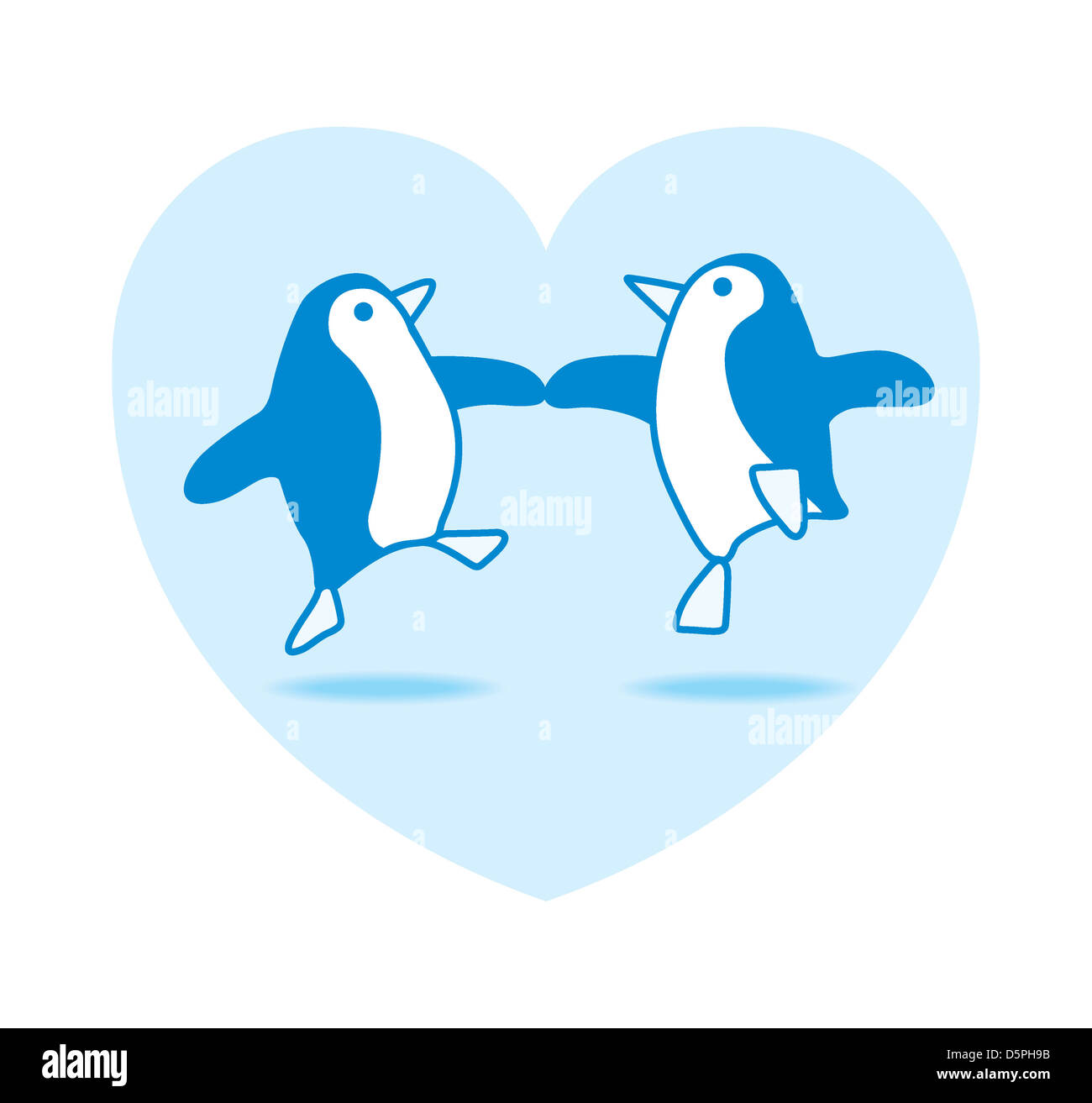 Two Happy Blue Penguins Dancing in a Blue Heart on White Background ...
