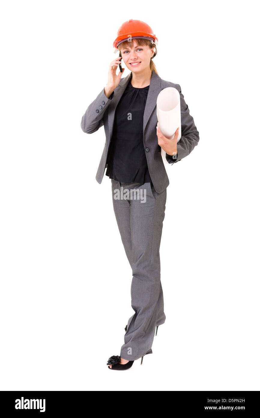 Architect woman with a plan. Isolated on white Stock Photo - Alamy