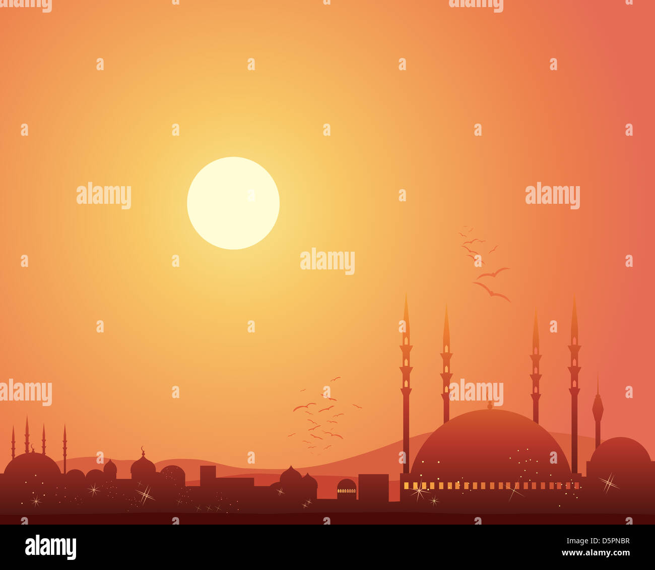 an illustration of a middle eastern skyline at sunset with a beautiful ...