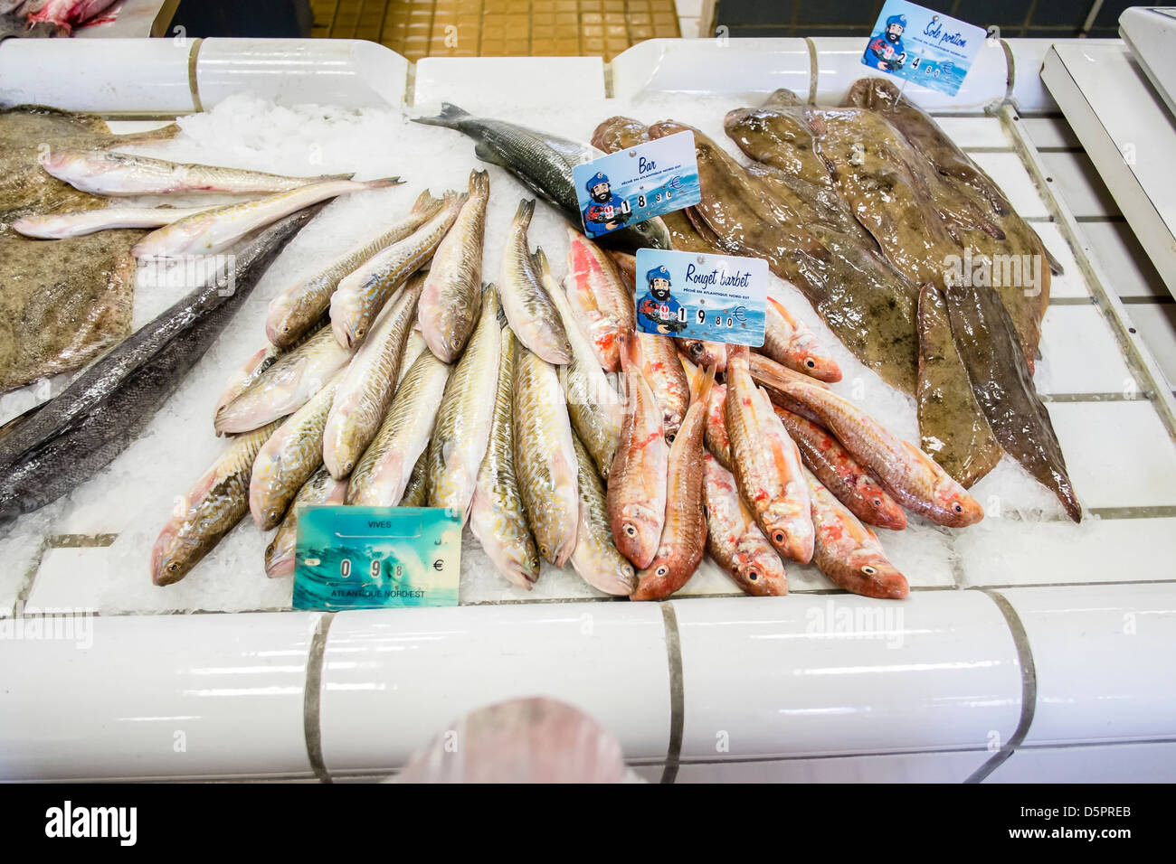 Fresh fish for sale on a market stall in Calais market, France Stock ...