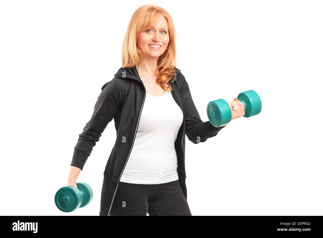 A Mature Woman Lifting Up Dumbbells Isolated On White Background Stock