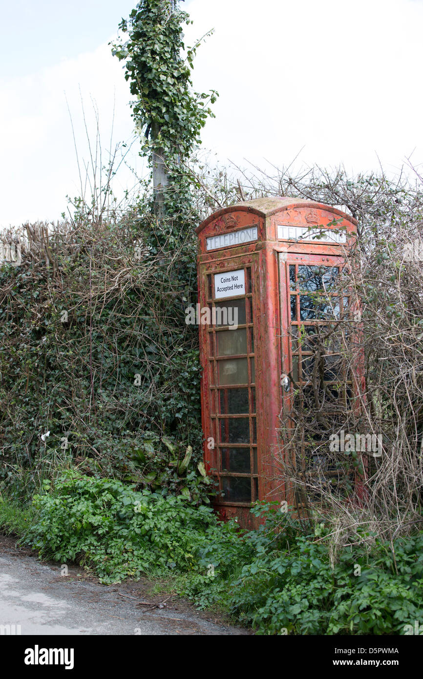 Old red telephone box overgrown and not in use Stock Photo - Alamy