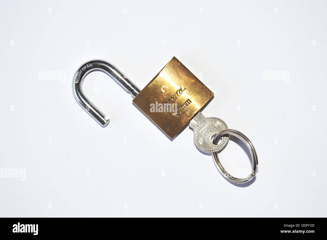 An unlocked Zenith padlock with key photographed in a studio Stock ...