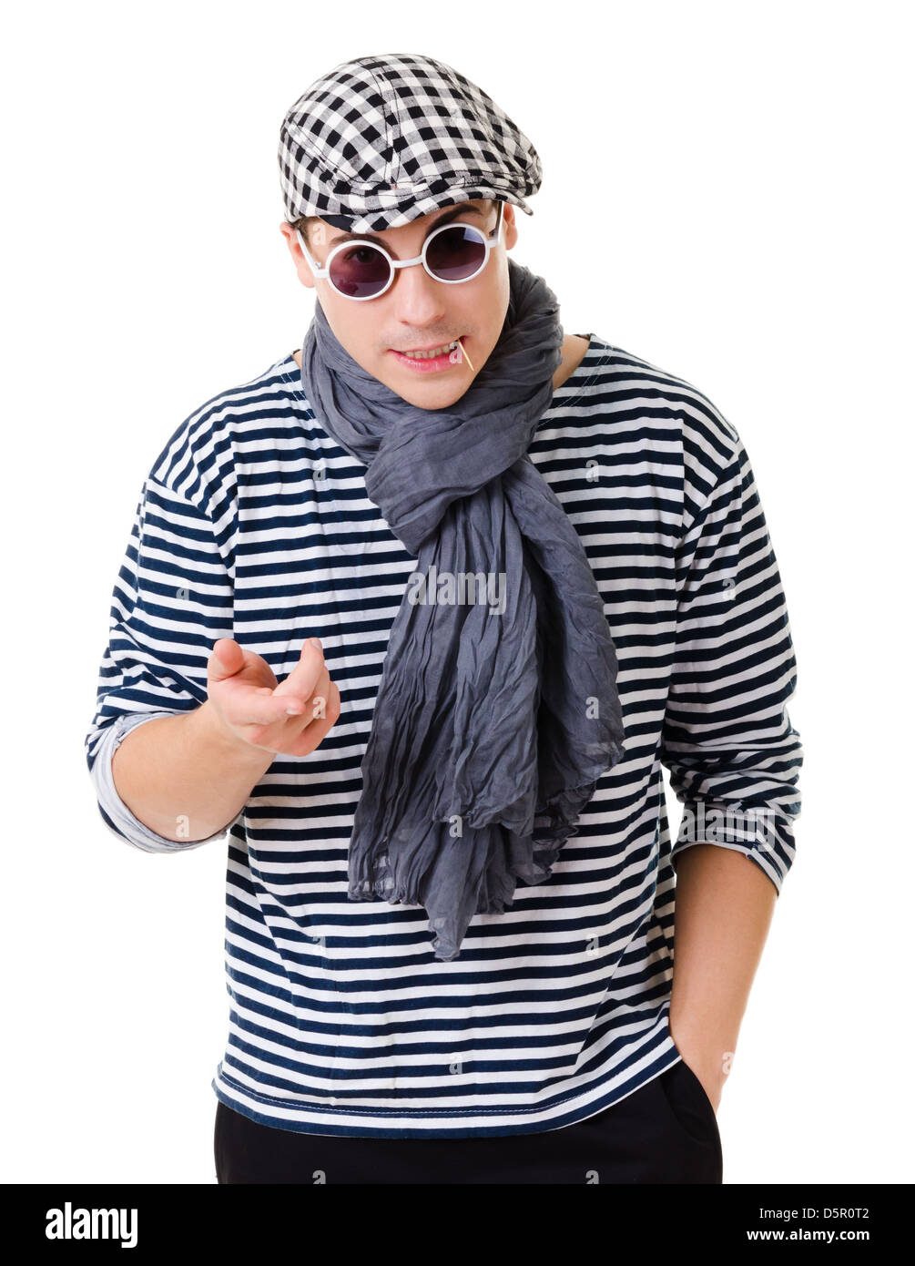 Young suspicious looking stylish twister man in striped clothes ...