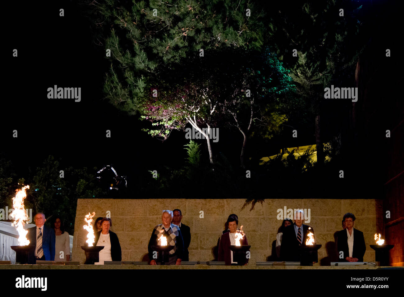 Jerusalem, Israel. 7th April 2013. Holocaust survivors stand before six ...