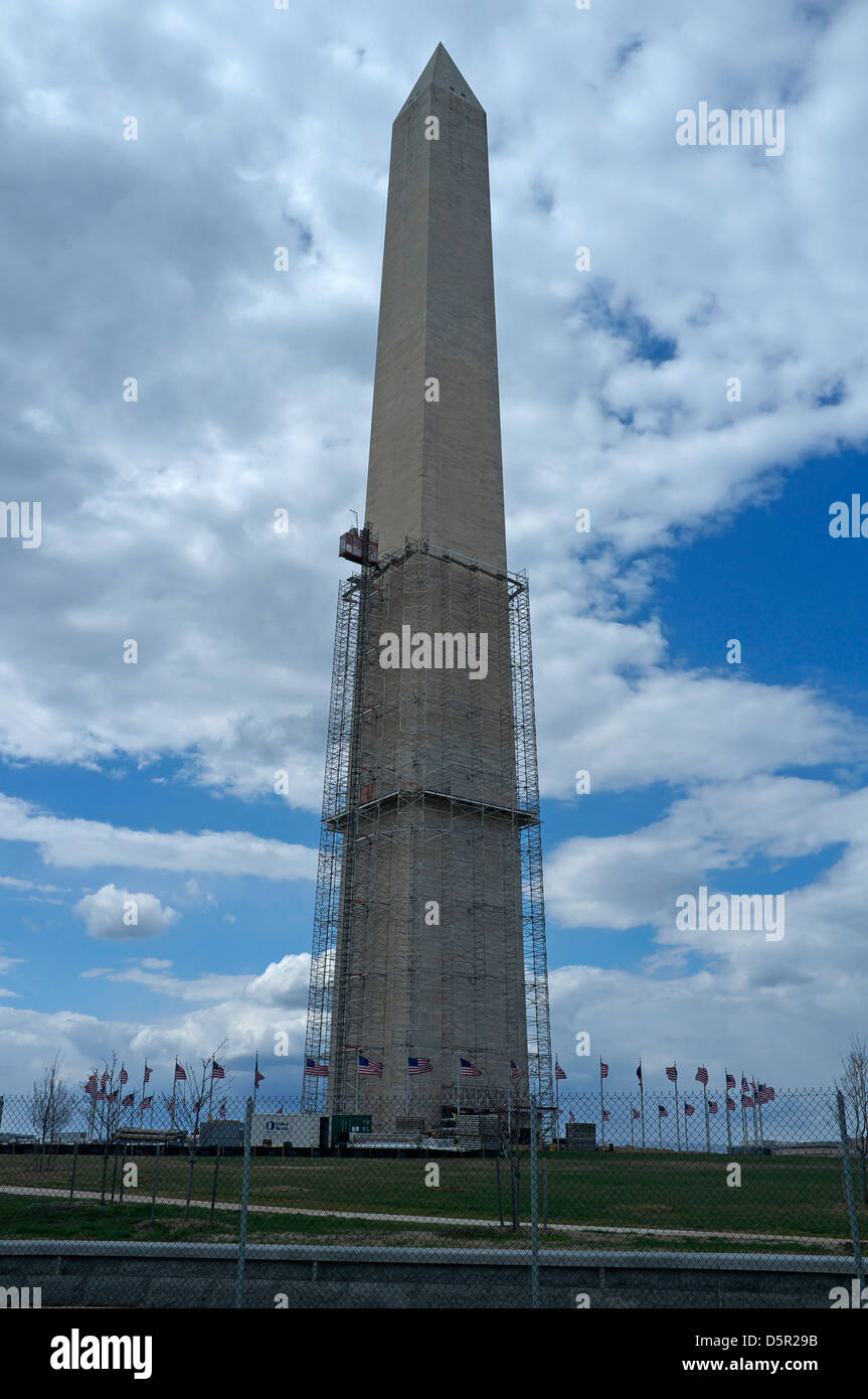 Washington Monument with scaffolding around it. The monument was ...