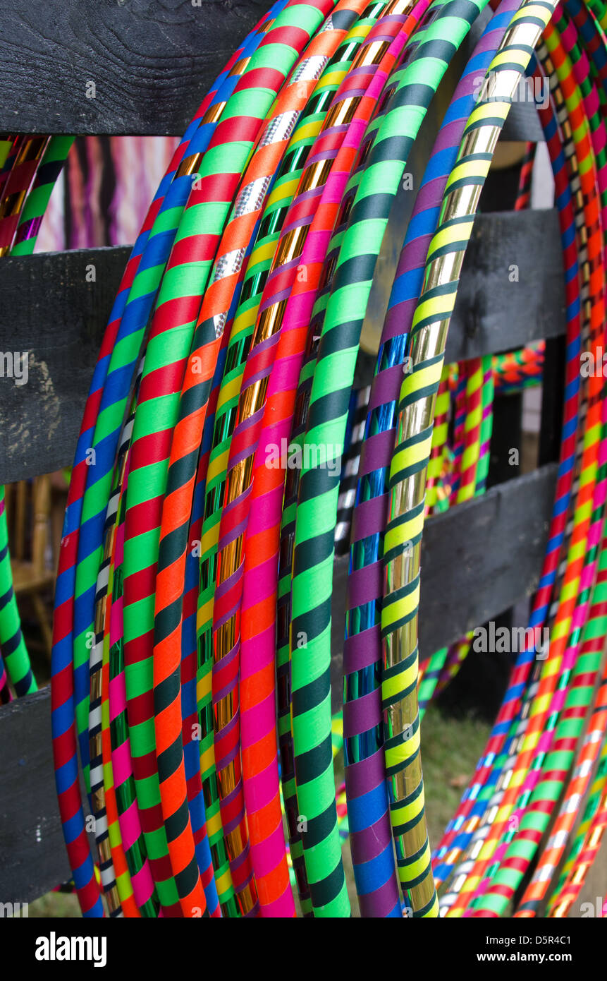 Hula hoops hanging on a booth at the Common Ground Fair, Unity, Maine ...