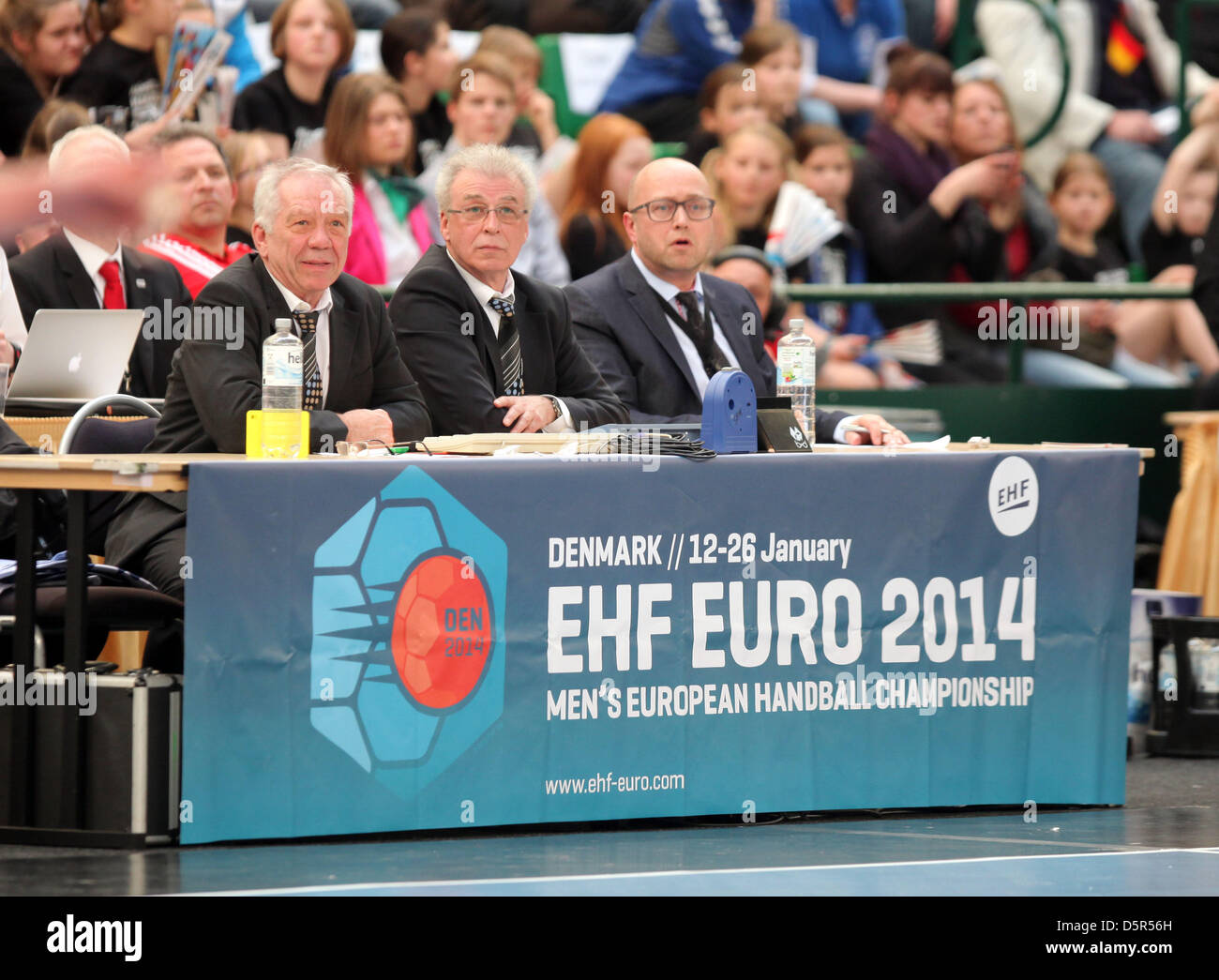 Timekeepers are pictured at the beginning of the Handball qualifying ...