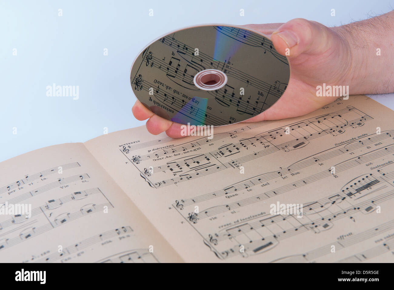 compact disc with a sheet music and notes reflection Stock Photo - Alamy