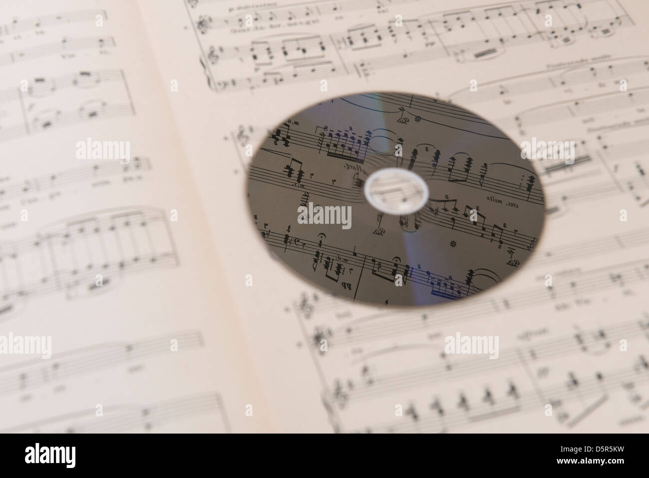 compact disc with a sheet music and notes reflection Stock Photo - Alamy