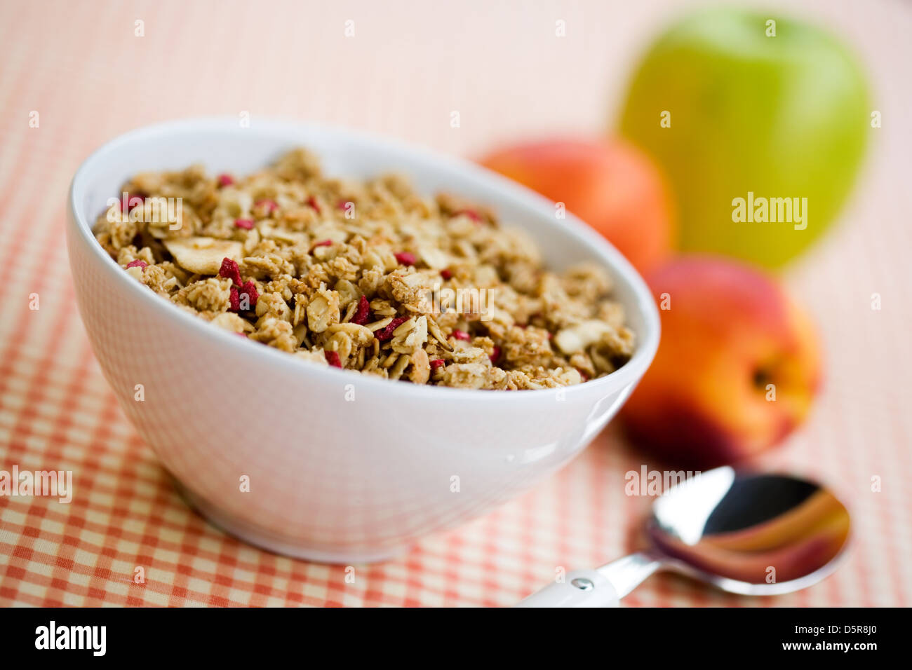 Breakfast cereal with dryed fruits and fresh peaches Stock Photo - Alamy