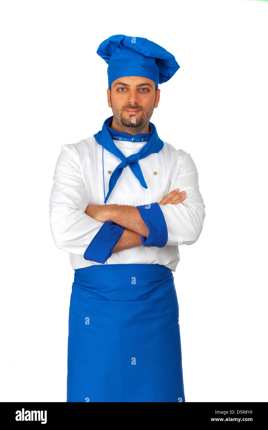 Young chef with blue hat and arms folded Stock Photo - Alamy