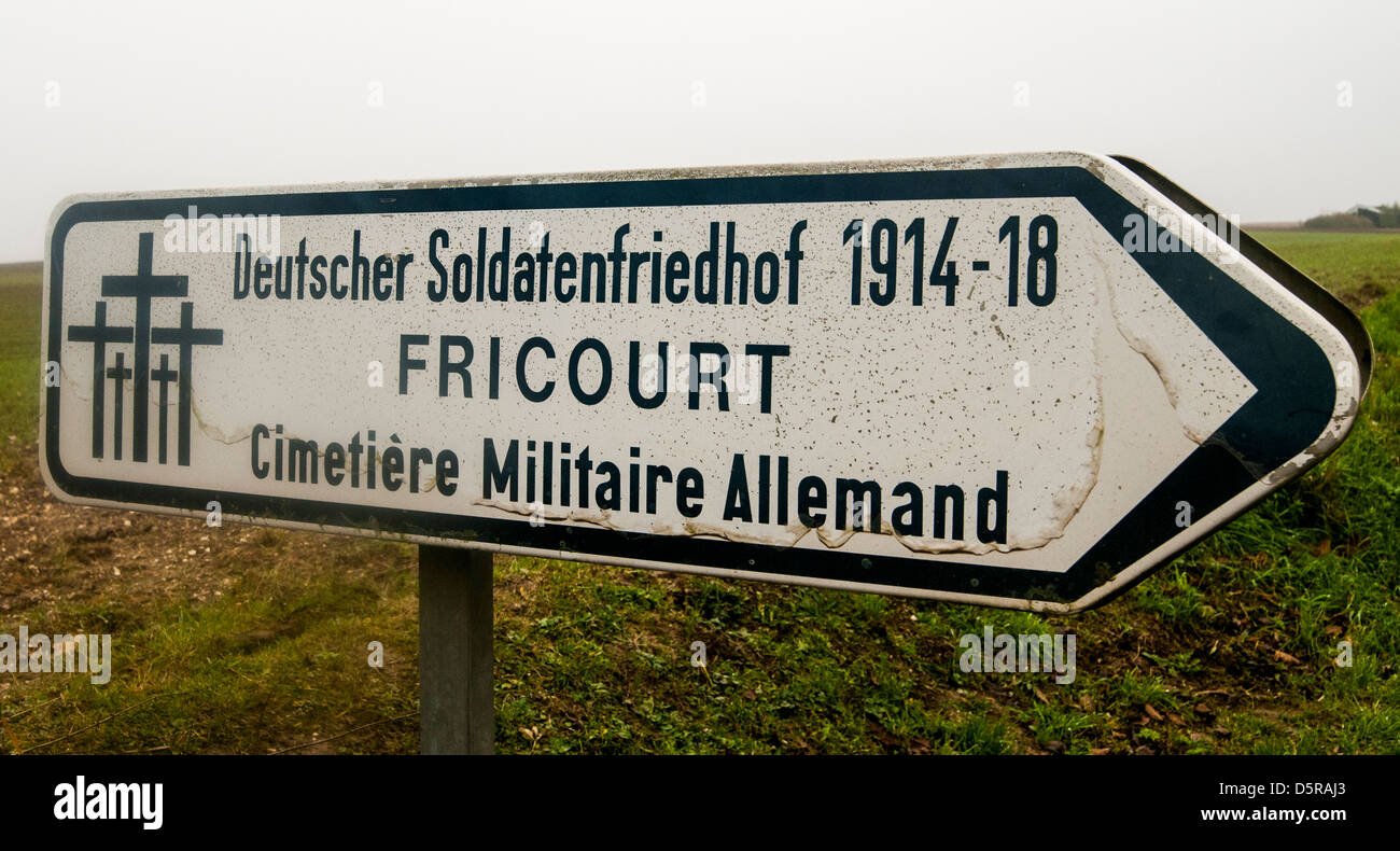 Road sign to German World War One Cemetery, at Fricourt on The Somme ...