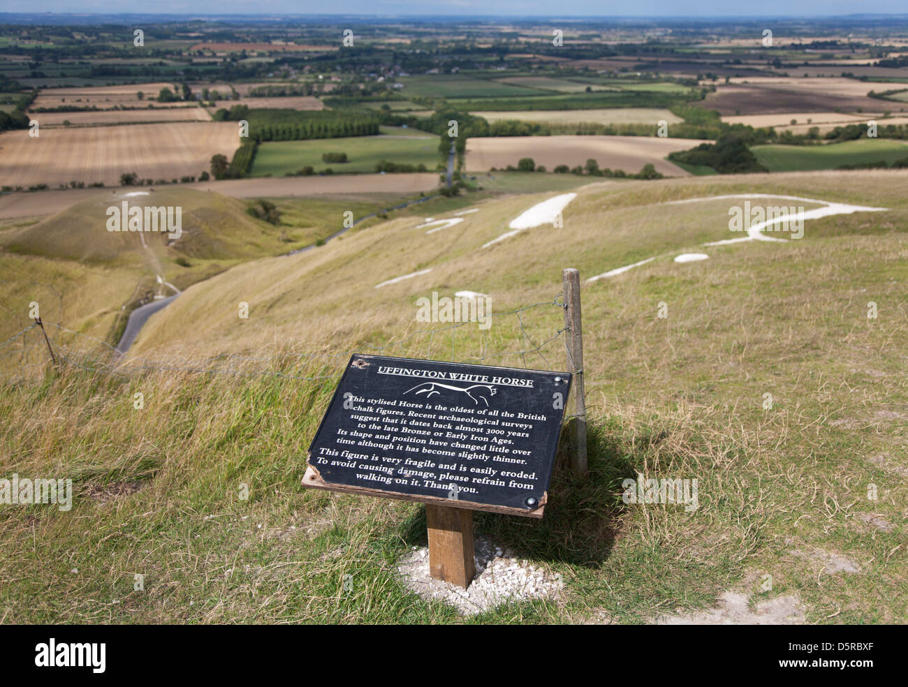 Signage for the Uffington White Horse, a figure carved in chalk on a ...