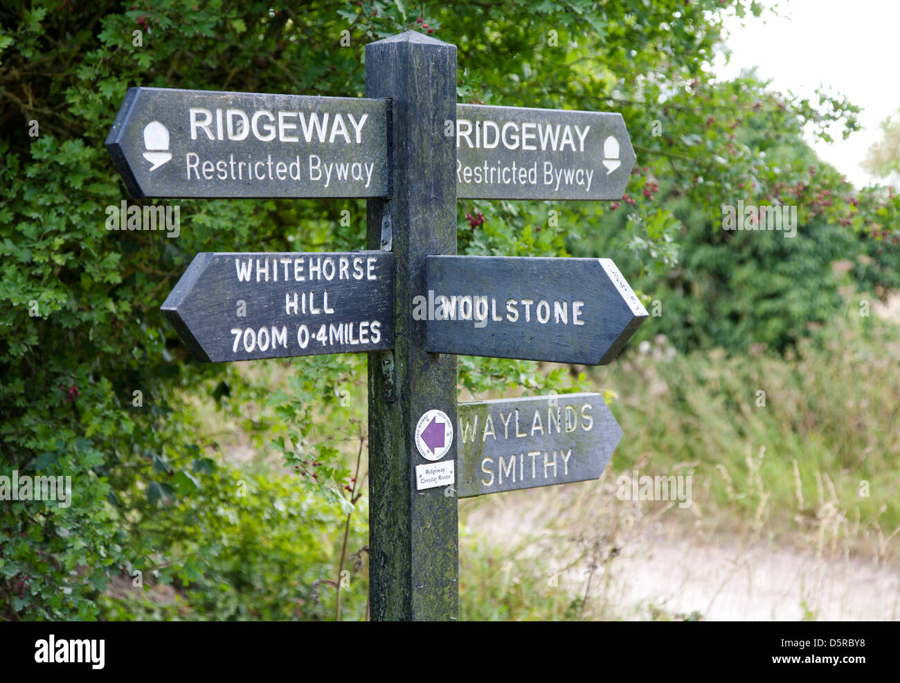 A recycled plastic signpost on the Ridgeway pointing directions to ...