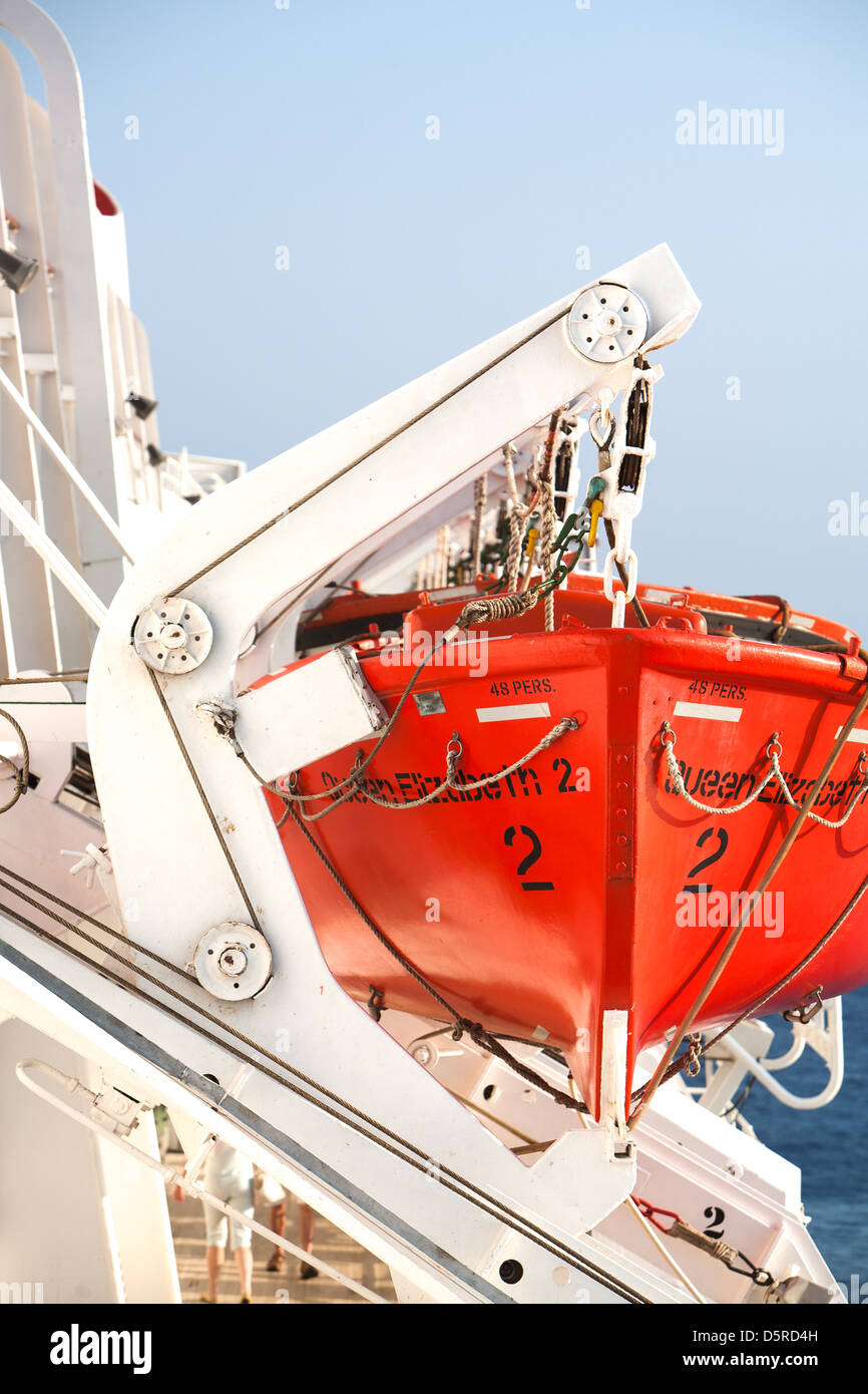 Lifeboats hung on davits. CUNARD ship QE2 Stock Photo - Alamy