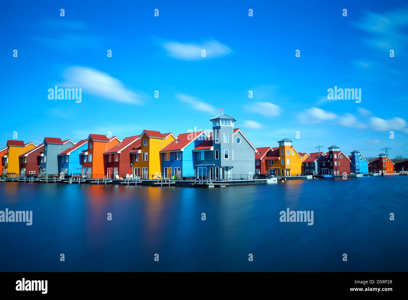 colorful buildings at Reitdiephaven on water in Groningen, Netherlands ...