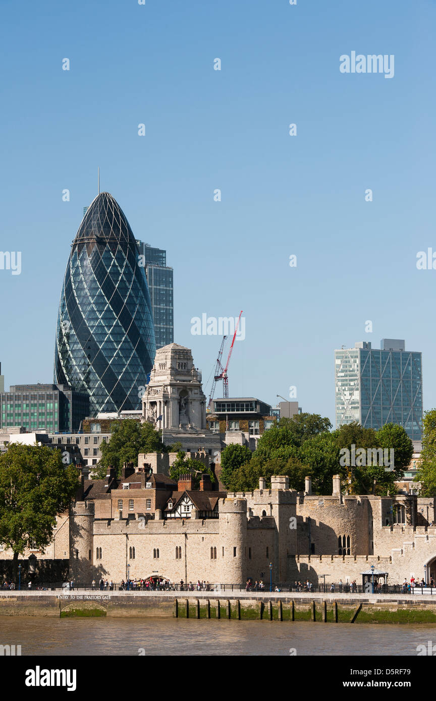 The Tower of London with the Gherkin building in the background in the ...