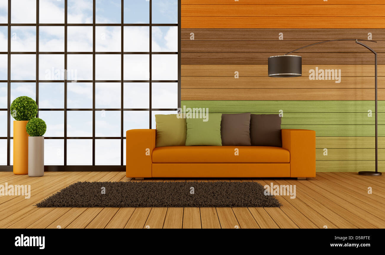 Modern living room wih colorful wooden panel and big window - rendering ...
